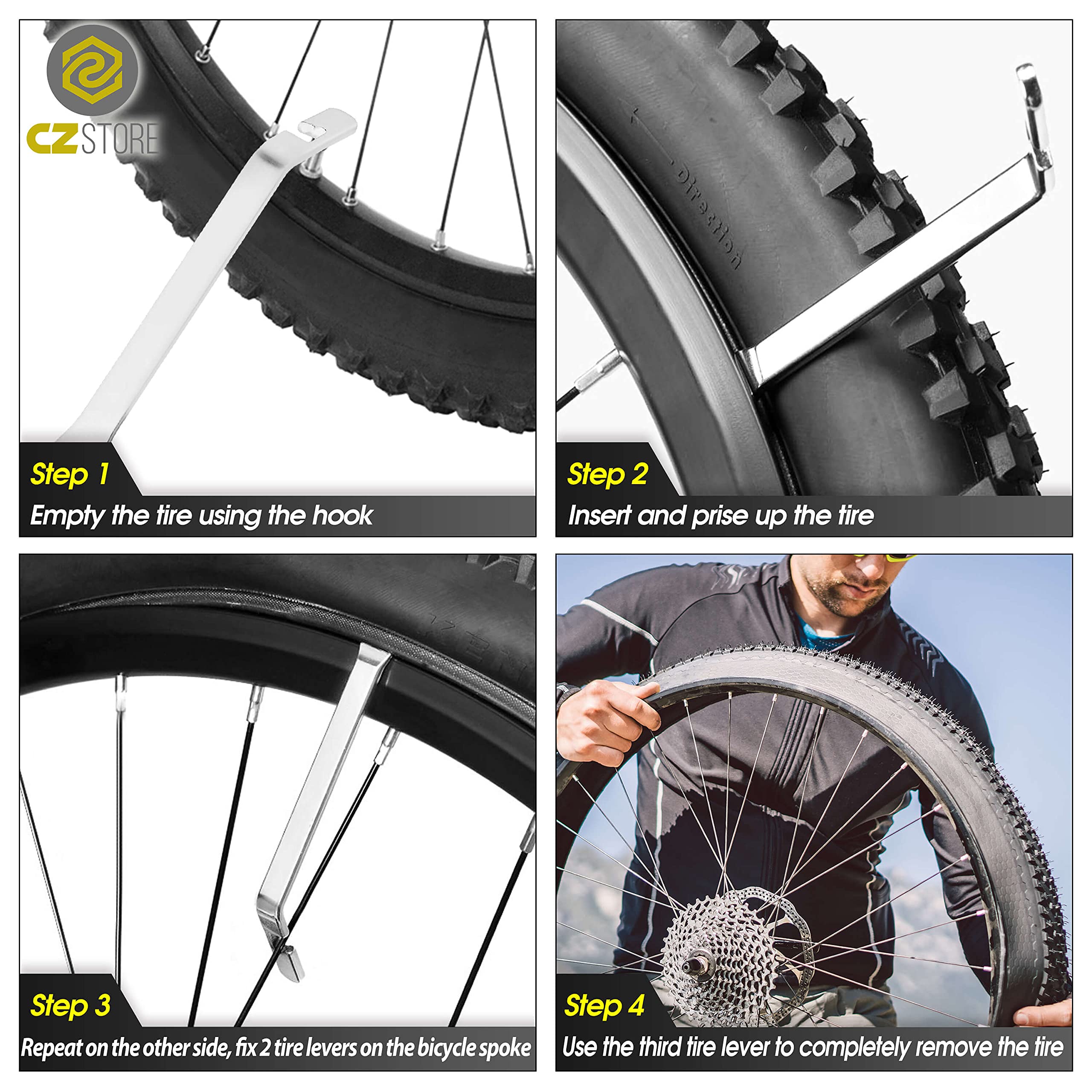 CZ Store✮✮ - Bike Tire Lever | Set of 3 | Durable, Solid Stainless Steel Biking Tools - Portable Bicycle Iron with Curved Hook End - BMX, MTB Repair & Maintenance Accessories