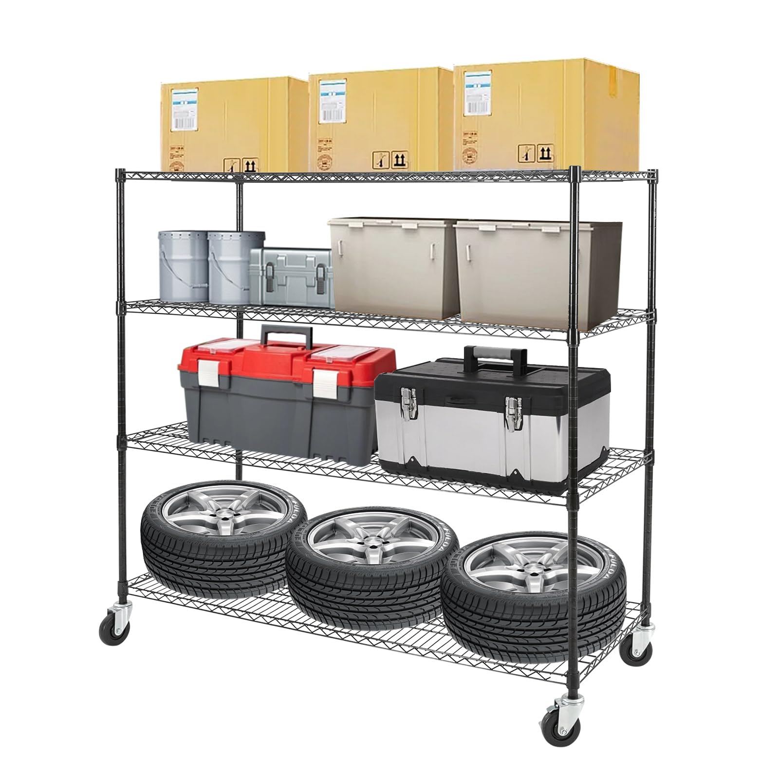 Metal Shelving Unit With Wheels, 4-Tier Wire Shelving, With Four Universal Wheels,Adjustable Support, Freestanding Heavy Duty Metal Wire Storage Shelf Rack For Warehouse, Industrial Or Commercial Etc