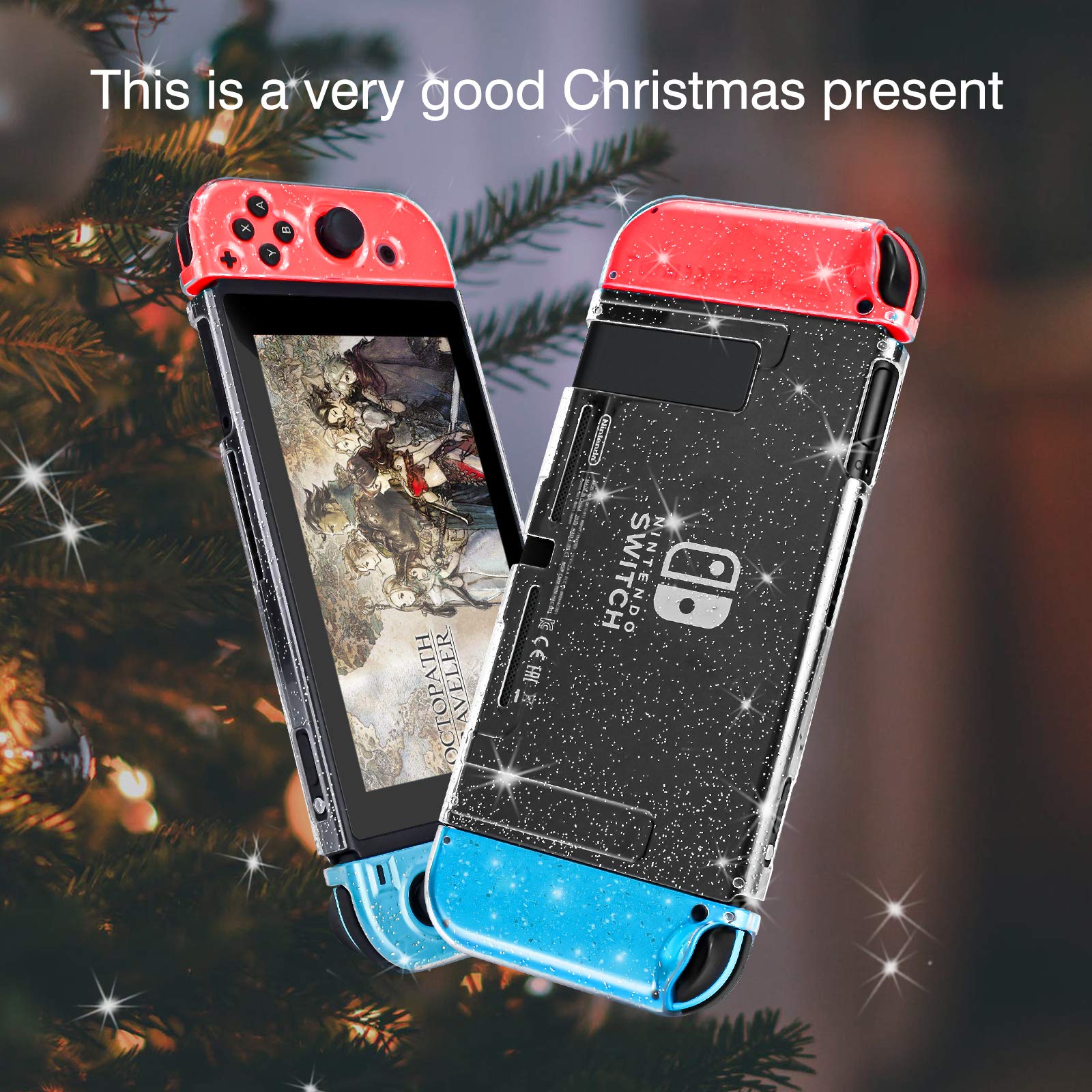 DLseego Crystal Glitter Case Set Design for Switch, Soft TPU Anti-Scratch Clear Protective Cover Shell with 2 Pack Tempered Glass Screen Protectors and 10pcs Colourful Cute Thumb Grip Caps