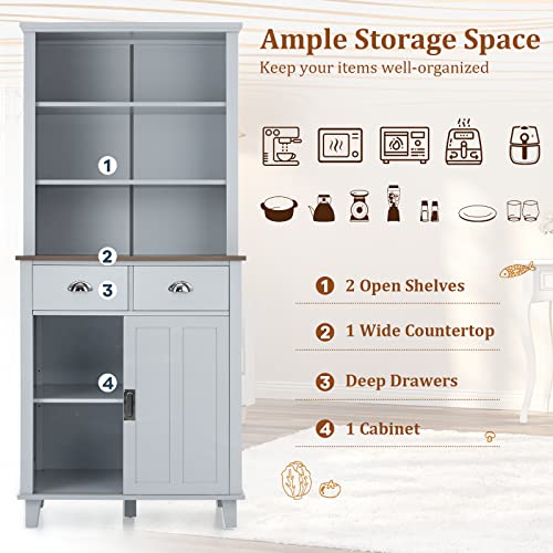 LOKO 67β Kitchen Pantry Storage Cabinet, Freestanding Buffet Sideboard with 3 Open Shelves, Microwave Countertop, 2 Pull-Out Drawers & Sliding Door Cabinet, Kitchen Hutch for Dining Room (Grey)