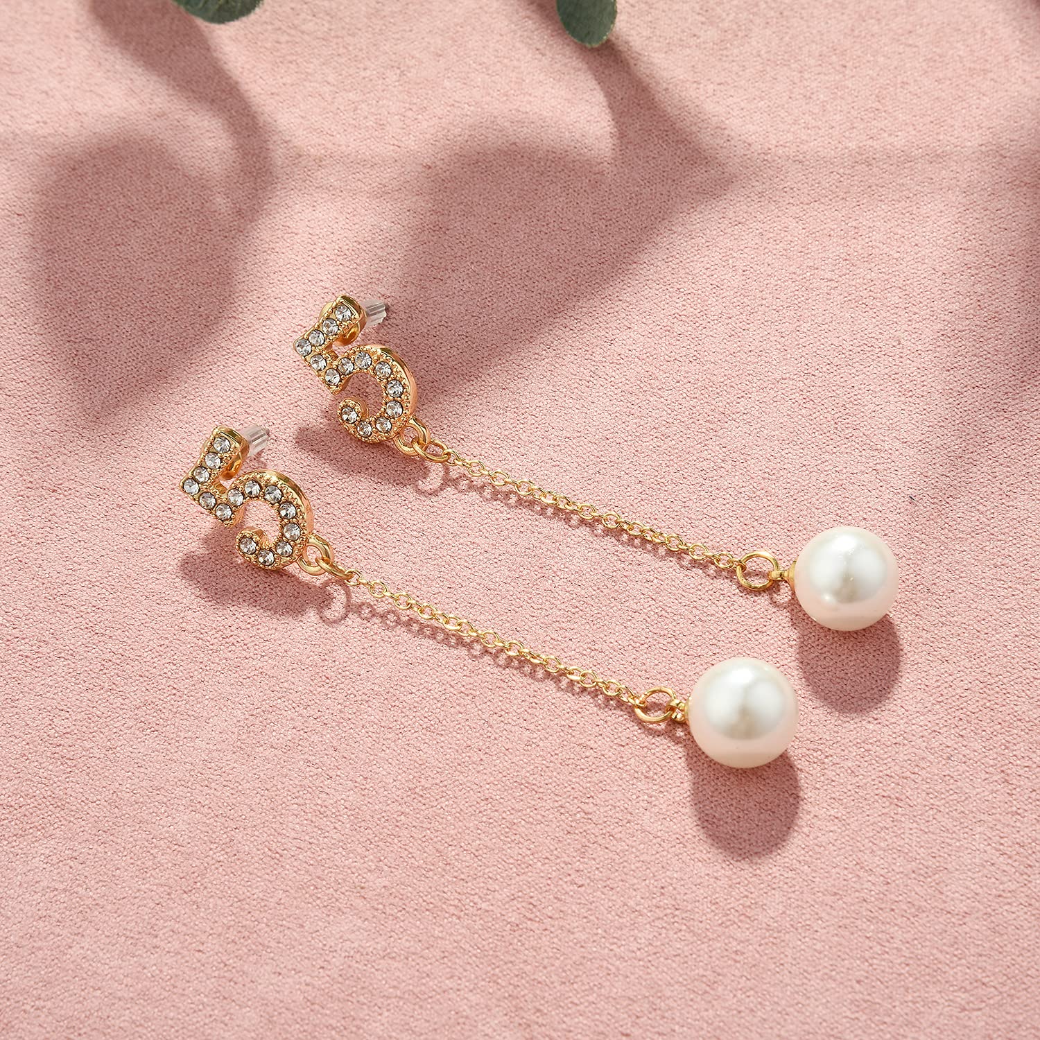 Fashion Design Rhinestone Faux Pearl Lucky Number Five Long Charm Dangle Drop Earrings Studs