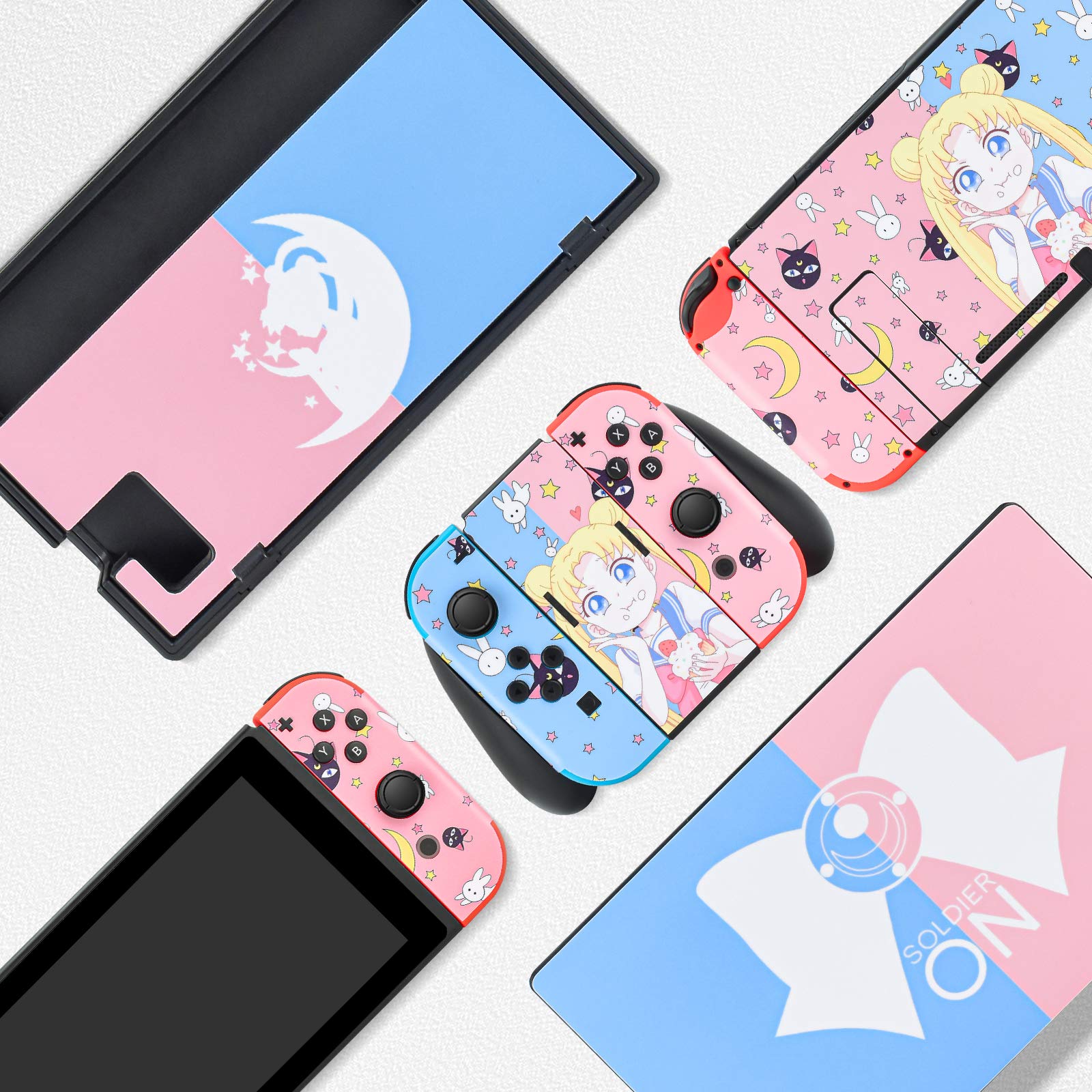 DLseego Switch Skin Sticker Pretty Pattern Full Wrap Skin Protective Film Sticker Design for Switch-Blue and Pink Moon Girl