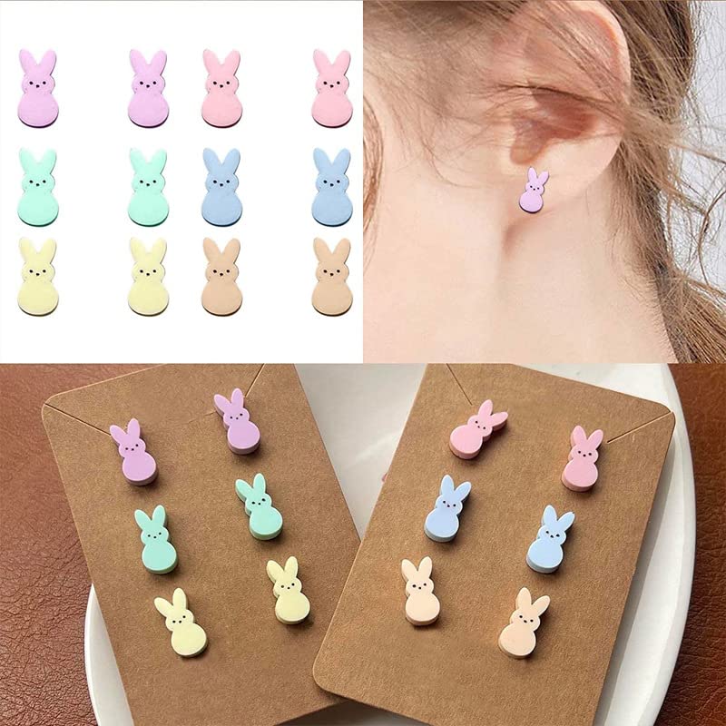 Easter Bunny Peeps Earrings Stud Earrings Set, JISONCASE Cute Spring Jewelry Acrylic Easter Gift Rabbit Earrings for Women, 3Pairs