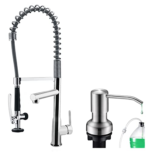 Commercial Kitchen Faucet with Pull Down Sprayer and Soap Dispenser, Brass Single Handle High Arc Pre-Rinse Spring Pull Out Kitchen Sink Faucets with Dual Function Spray Head, Kitchen Tap for Sink, R