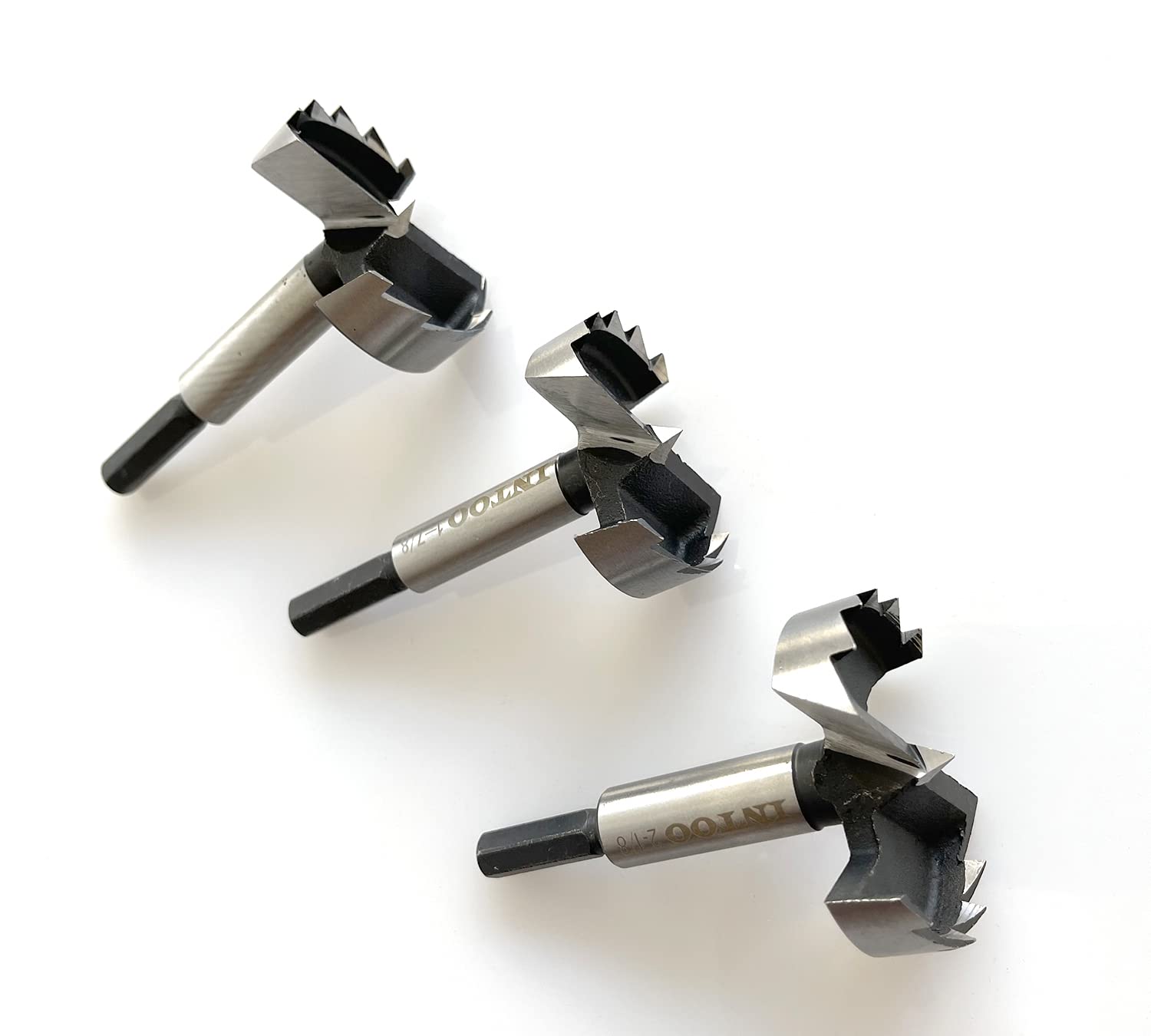 INTOO Forstner Bit Set 3Pcs Hex Shank,1-7/8",2",2-1/8" Multi Sided Shank Wood Drill Bits Set