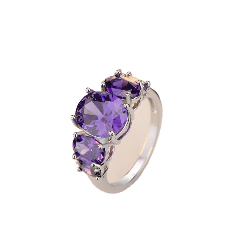 Faux 925 Sterling Silver Amethyst Ring Oval Perfect Cut 2 Carat Cubic Zirconia Ring Natural 5 Stone Eternity Engagement Wedding Ring for Women (US Code 6-10) (6)