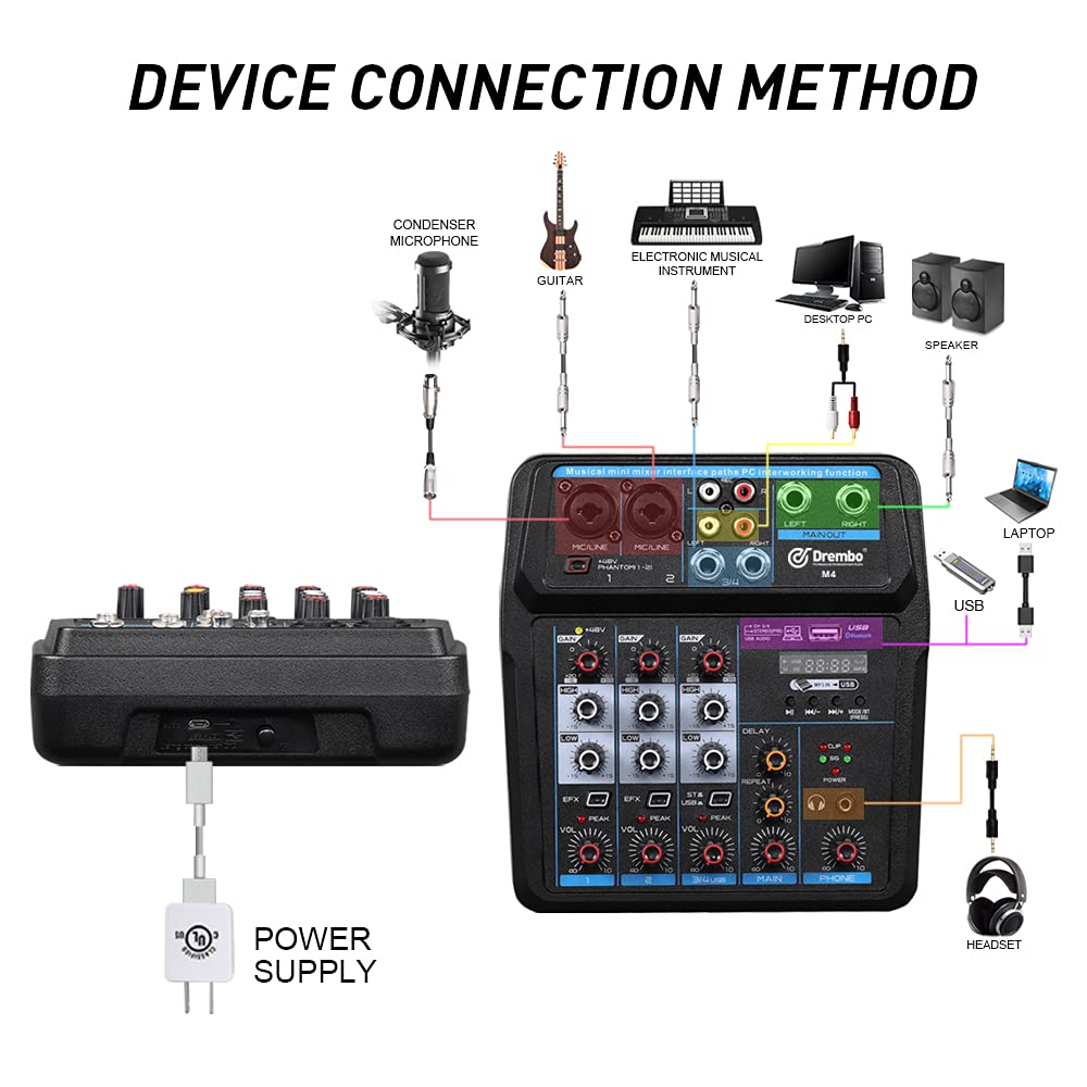 D Debra M4 Mini Audio Mixer Mixing Console Mixer Sound 4 Channel with Sound Board USB Bluetooth Audio Interface Mic Preamps 48V Phantom Power Mixer Use for DJ Studio PC Recording Singing Webcast Party