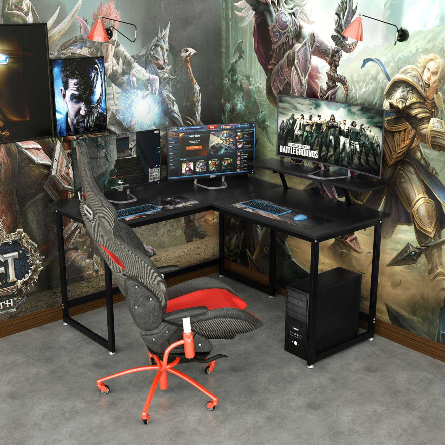 DEWEL L Shaped Desk Large Computer Gaming Desk Home Office Cornor Desk with Monitor Stand Study Writing Table Double Workstation for Home Small Space (51”+55”) L