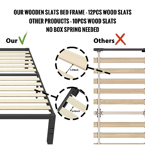 ROIL 14 inch Queen Size Bed Frame with Wood Slats - 3500lbs Heavy Duty No Box Spring Needed Platform, Mattress Stoppers Double Metal Noise Free Bedframe with Headboard Hole Underneath Storage