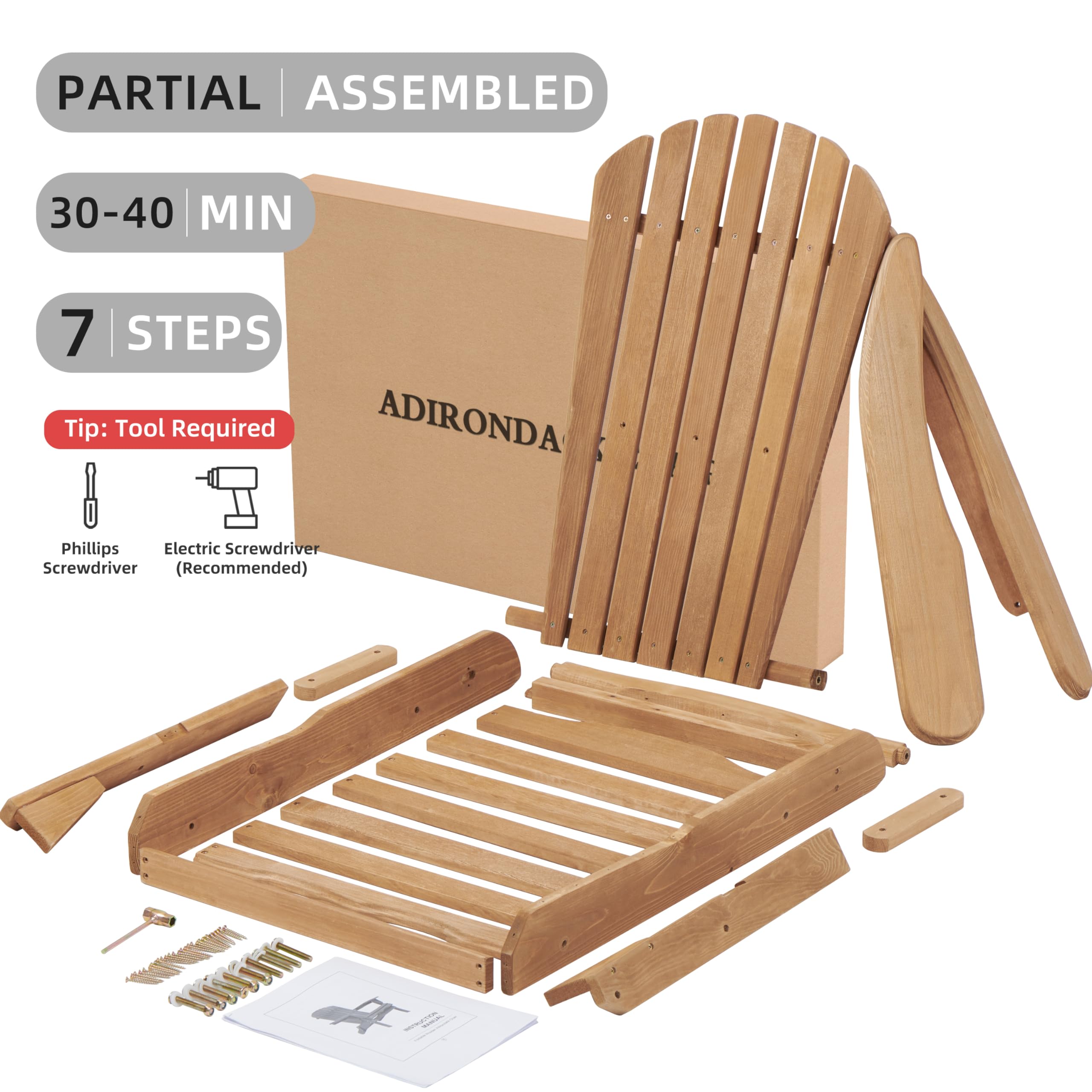 Mederra Wooden Folding Adirondack Chair, Half Pre-Assembled Outdoor Wood Patio Lounge Chair for Lawn Backyard Deck Pool Beach Firepit