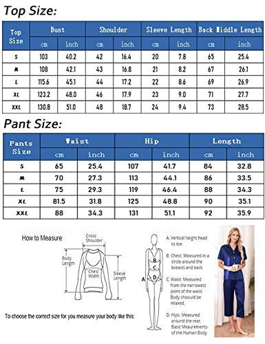 SWOMOG Women Satin Pajama Set Short Sleeve Sleepwear Capri Silk Pjs Set 2 Piece Loungewear Button Down Nightwear with Pockets