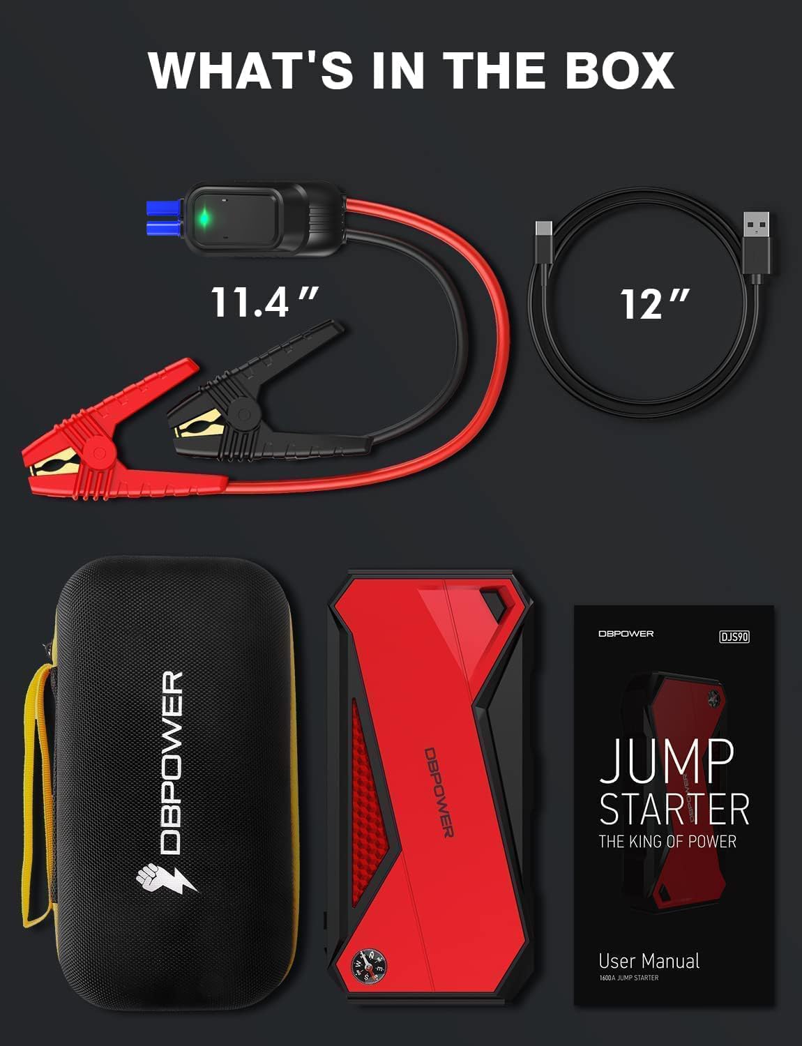 DBPOWER 1600A Peak Car Jump Starter 17200mAh Portable Jump Starter (up to 7.2L Gas, 5.5L Diesel Engines) Car Battery Booster Pack with LCD Screen, Smart Charging Port, Compass, and LED Light
