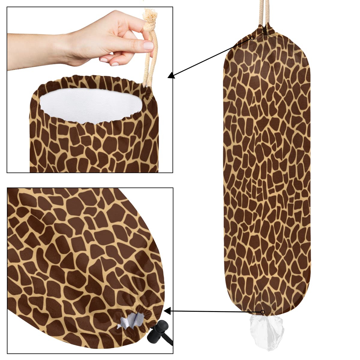 Giraffe Print Plastic Bag Holder Grocery Bag Holder Large Wall Mount Garbage Plastic Bag Organizer Drawstring Adjustment for Kitchen, 22x9" in