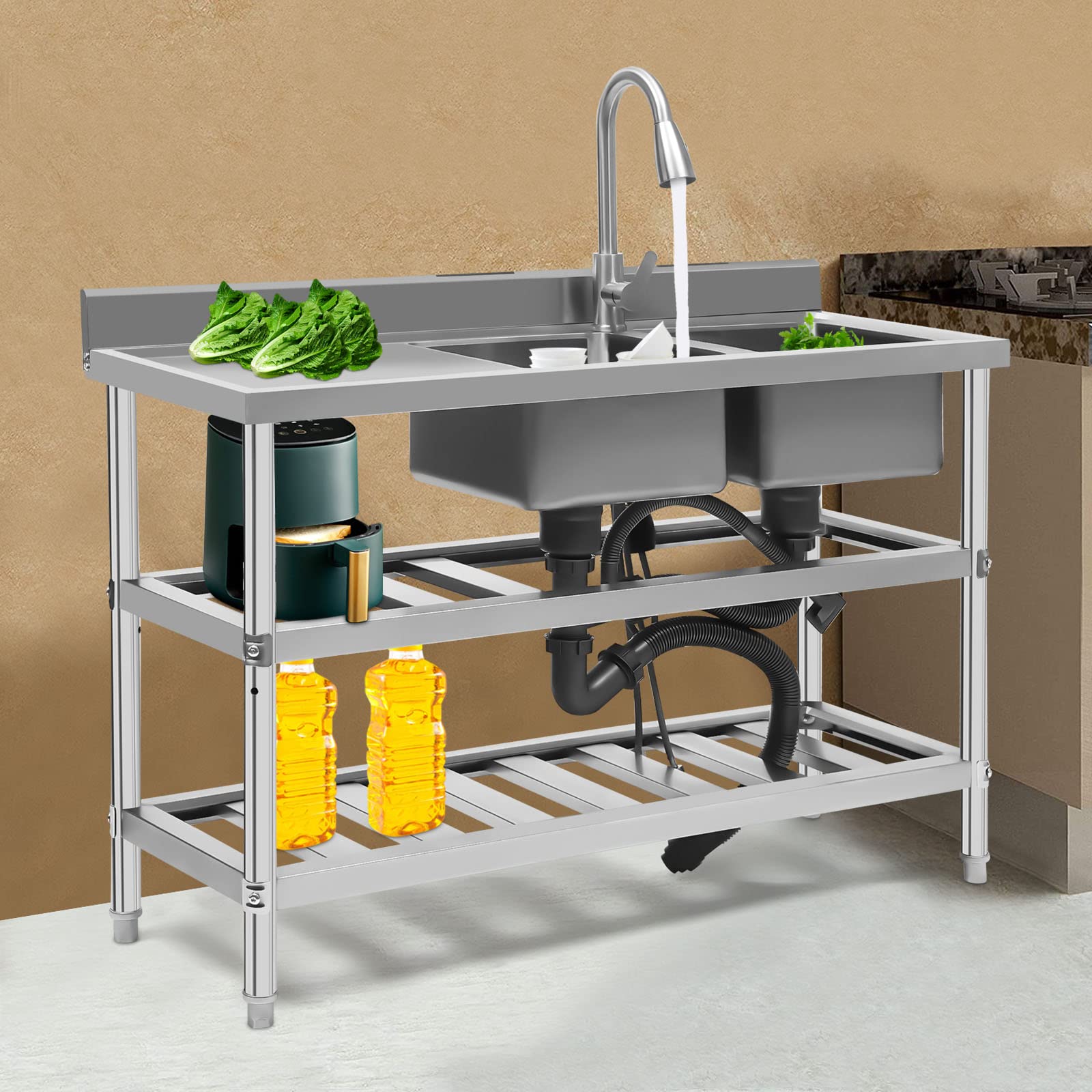 Commercial Restaurant Sink,Stainless Steel Utility Sink Free-standing Kitchen Sink,Double Bowl Kitchen with Strainer, 201 Stainless Steel Freestanding Kitchen,Hand Washing Sink with Side Splashes