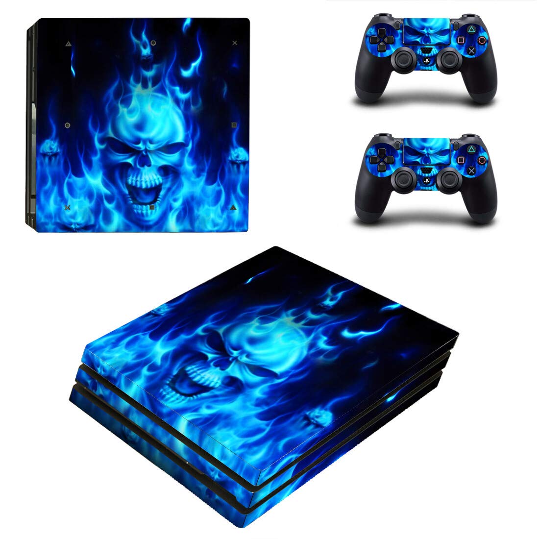 DOMILINA Vinyl Skin Decal Sticker Cover Set for PS4 PRO Console and 2 Controllers - Blue Skull