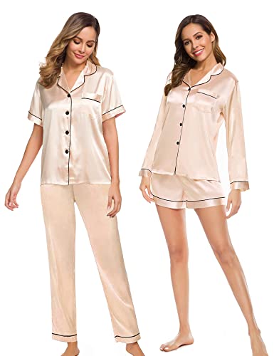SWOMOG Women Silk Satin Sleepwear Button Down Pajamas Set 4 Pcs Short Sleeve Loungewear Champagne