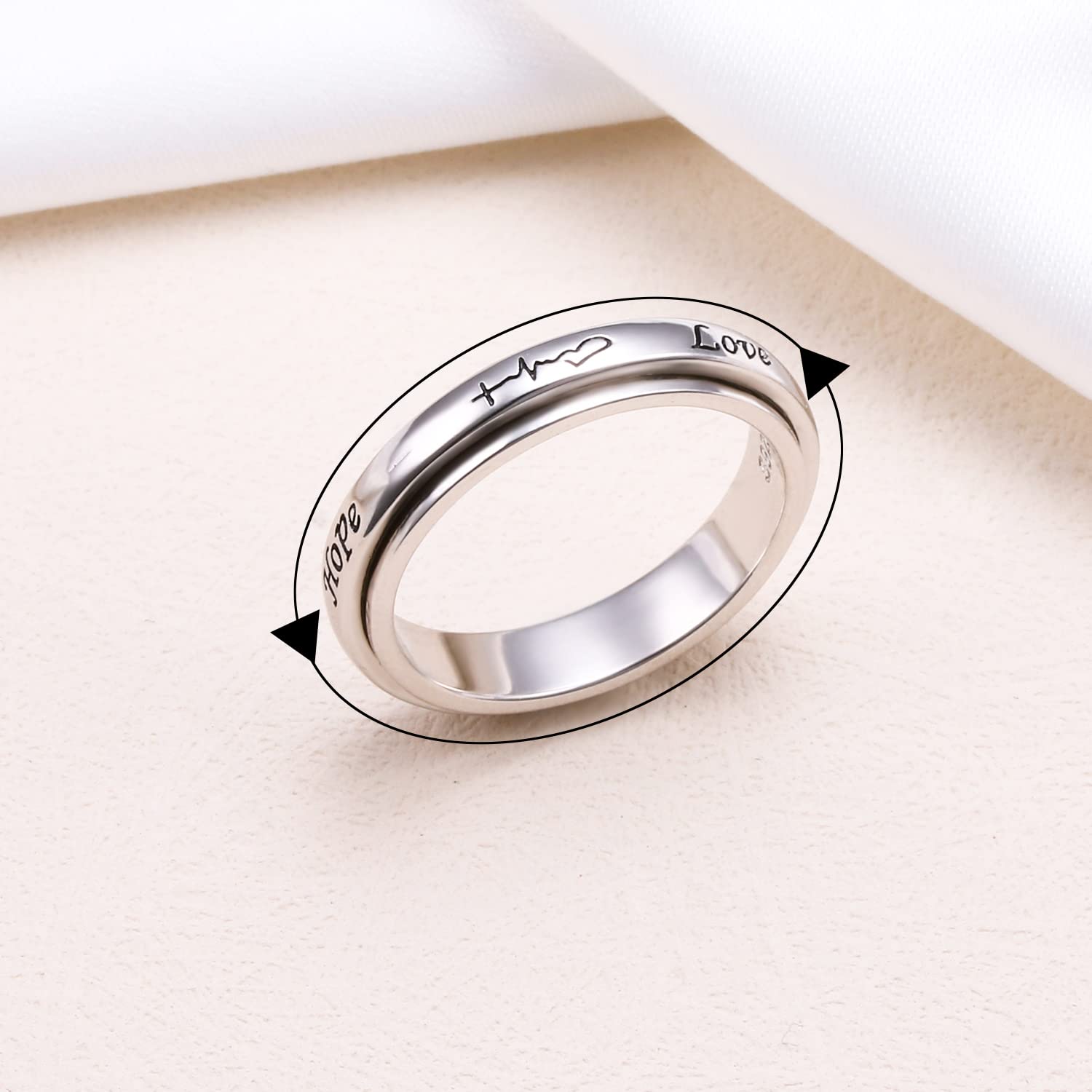 DAOCHONG S925 Sterling Silver Spinner Fidget Anxiety Stress Relieving Boredom ADHD Autism Faith Hope Love Rings for Women, Size 9