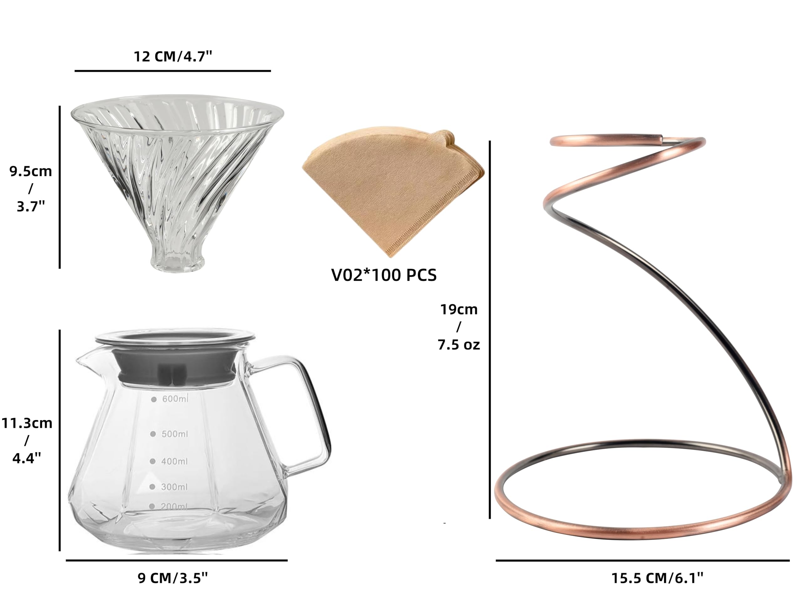 HYAXGM Pour Over Coffee Maker Set,20oz/600ml Pour Over Coffee Dripper & Glass Lid,Metal Dripper Stand and 100 Count Paper Coffee Filters,4 in 1 Set for Home or Office