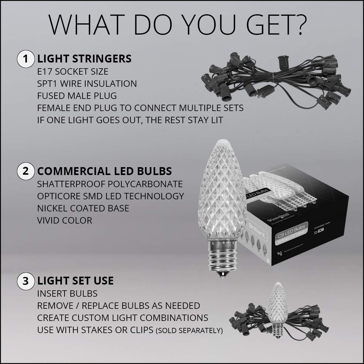 Wintergreen Lighting C9 OptiCore Cool White LED Commercial Outdoor Christmas Lights – Heavy Duty Christmas String Lights; Green Wire (25 Lights, 25 ft, Cool White)