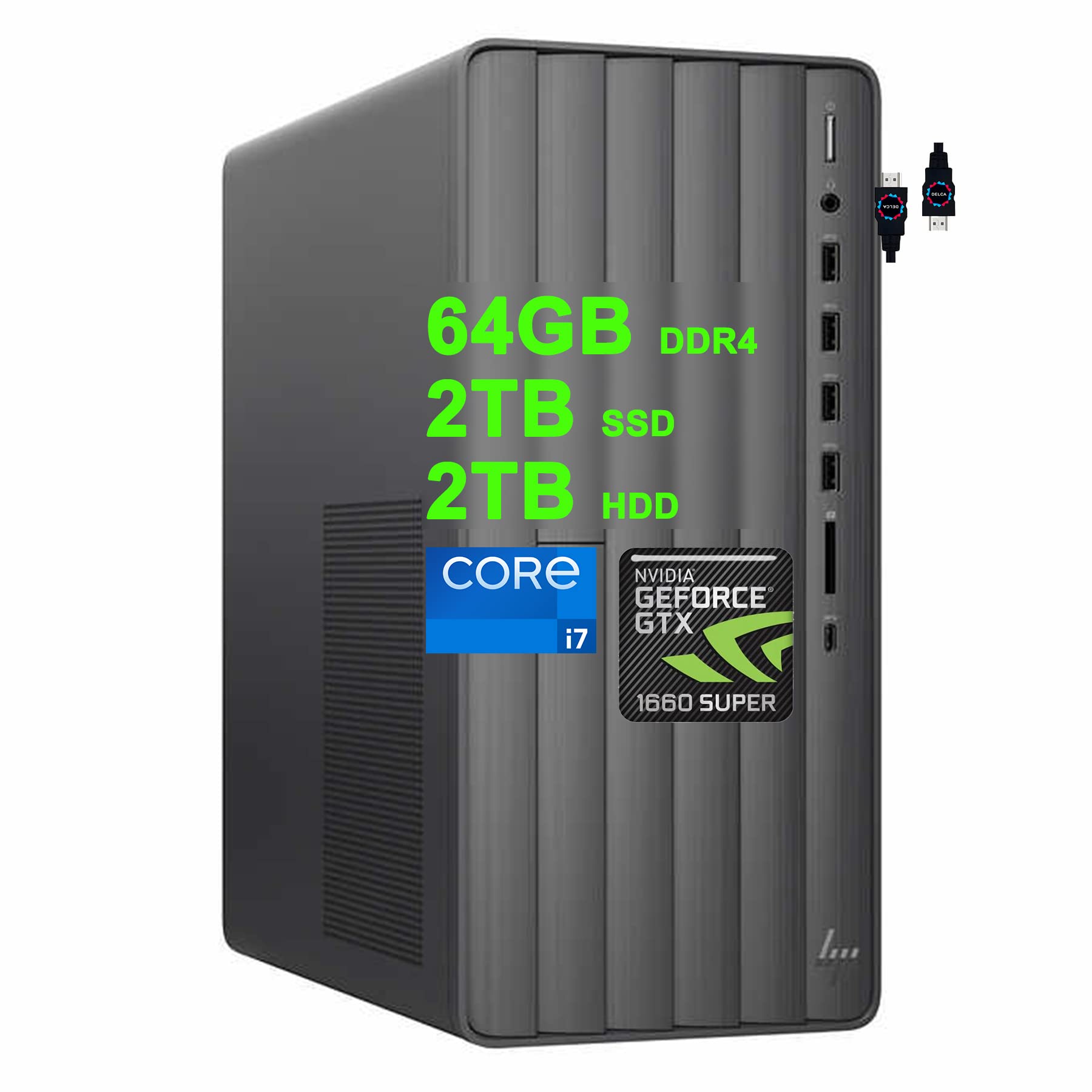 HP Envy Gaming Tower Desktop Computer I 11th Gen Intel 8-Core i7-11700F Processor I 64GB DDR4 2TB SSD + 2TB HDD I Nvidia GeForce GTX 1660 Super 6GB Graphic I USB-C VGA Win11 Black + HDMI Cable