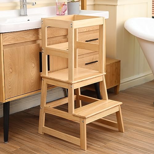 Kitchen Step Stool for Kids with Safety Rail,Solid Wood Construction Toddler Learning Stool Tower, Montessori Toddlers Kitchen Stool (Natural)
