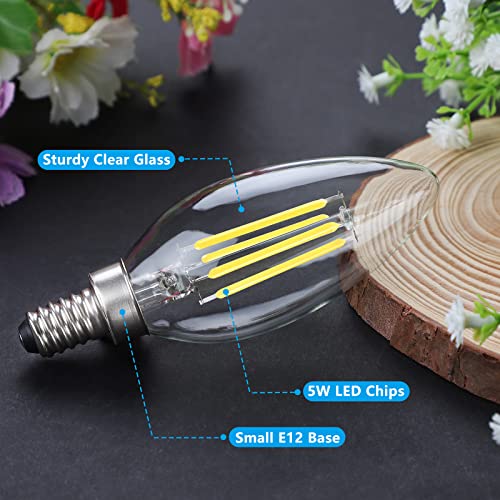 MAXvolador Dimmable E12 Candelabra LED Light Bulbs 60W Equivalent, Daylight White 5000K, 600Lumens LED Chandelier Bulb, Decorative B11 Filament Candle Light Bulbs Clear Glass, Pack of 5