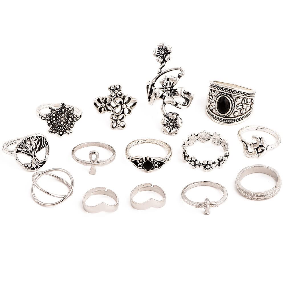 Fashion Ladies Vintage Lotus Openwork Carved Black Gemstone Rings 14 Piece Combination Set (style 1)