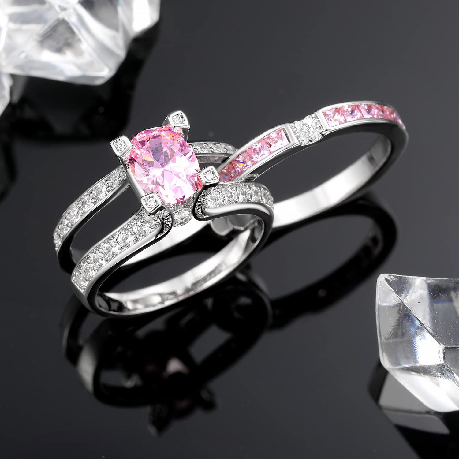 Engagement Promise Rings,18K White Gold Plated Three-in-One Oval Pink Cubic Zirconia Wedding Ring Set for Women bride (5)