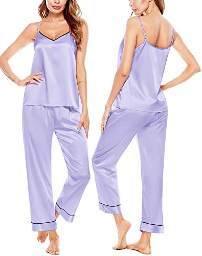 SWOMOG Womens Silk Satin Pajamas Set Two-Piece Pj Sets Cami Top and Capris Pants Sleepwear Lavender