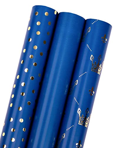 MAYPLUSS Wrapping Paper Set - Mini Roll with Bow & Ribbon & Gift Tags & Stickers - 17 inch X 120 inch Per roll - Royal Blue Design (42.3 sq.ft.TTL)