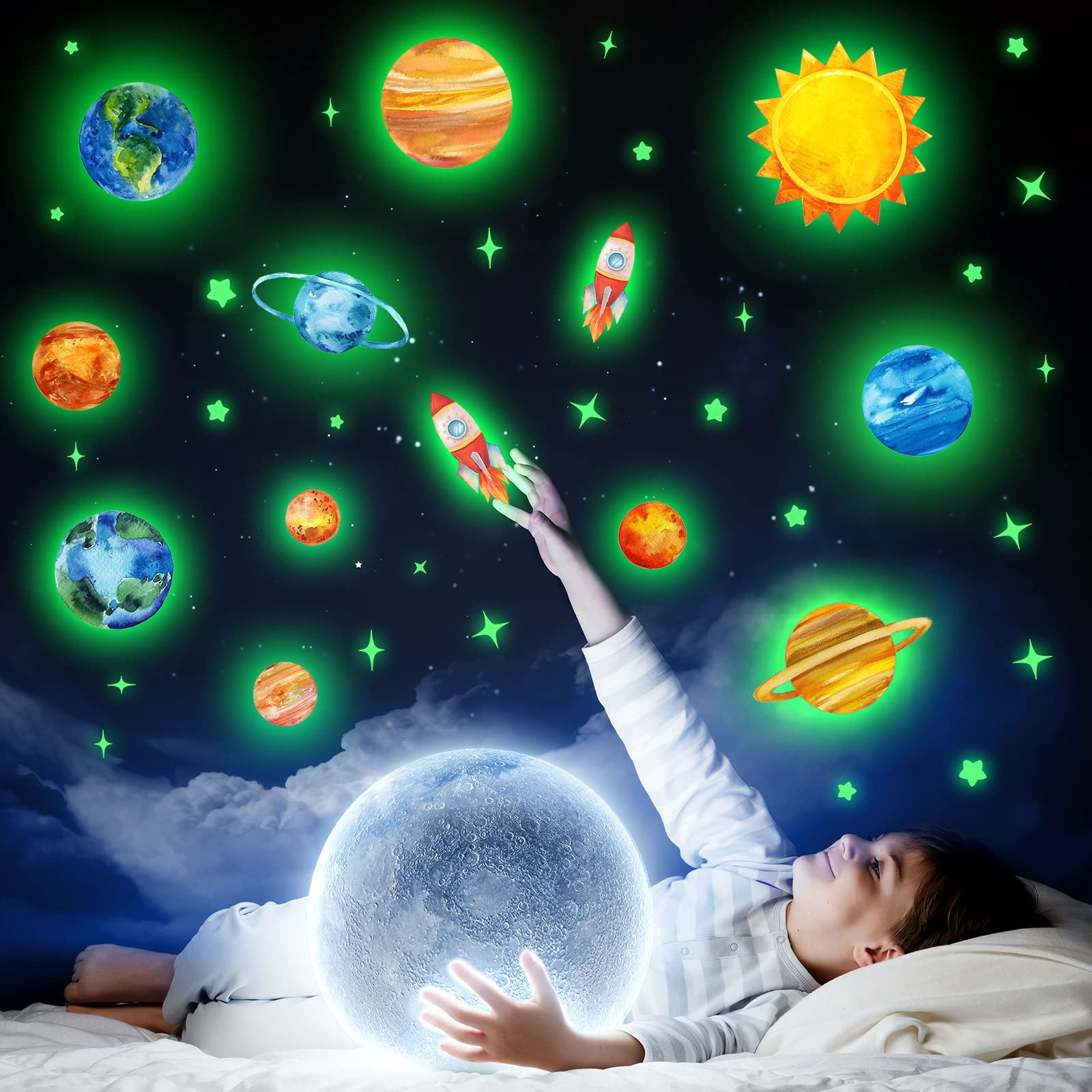 Glow in The Dark Planets for Ceiling Solar System Wall Decal Bright Planet Nursery Wall Sticker for Kids Space Decoration, Birthday Gift for Boys and Girls