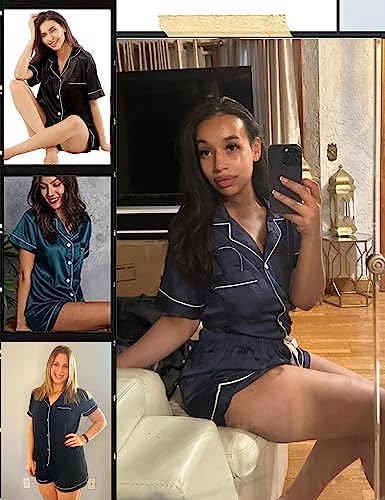 SWOMOG Womens Silk Satin Pajamas Short Sleeve Sleepwear Two-piece Loungewear Button-Down Pj Set Nightwear Red