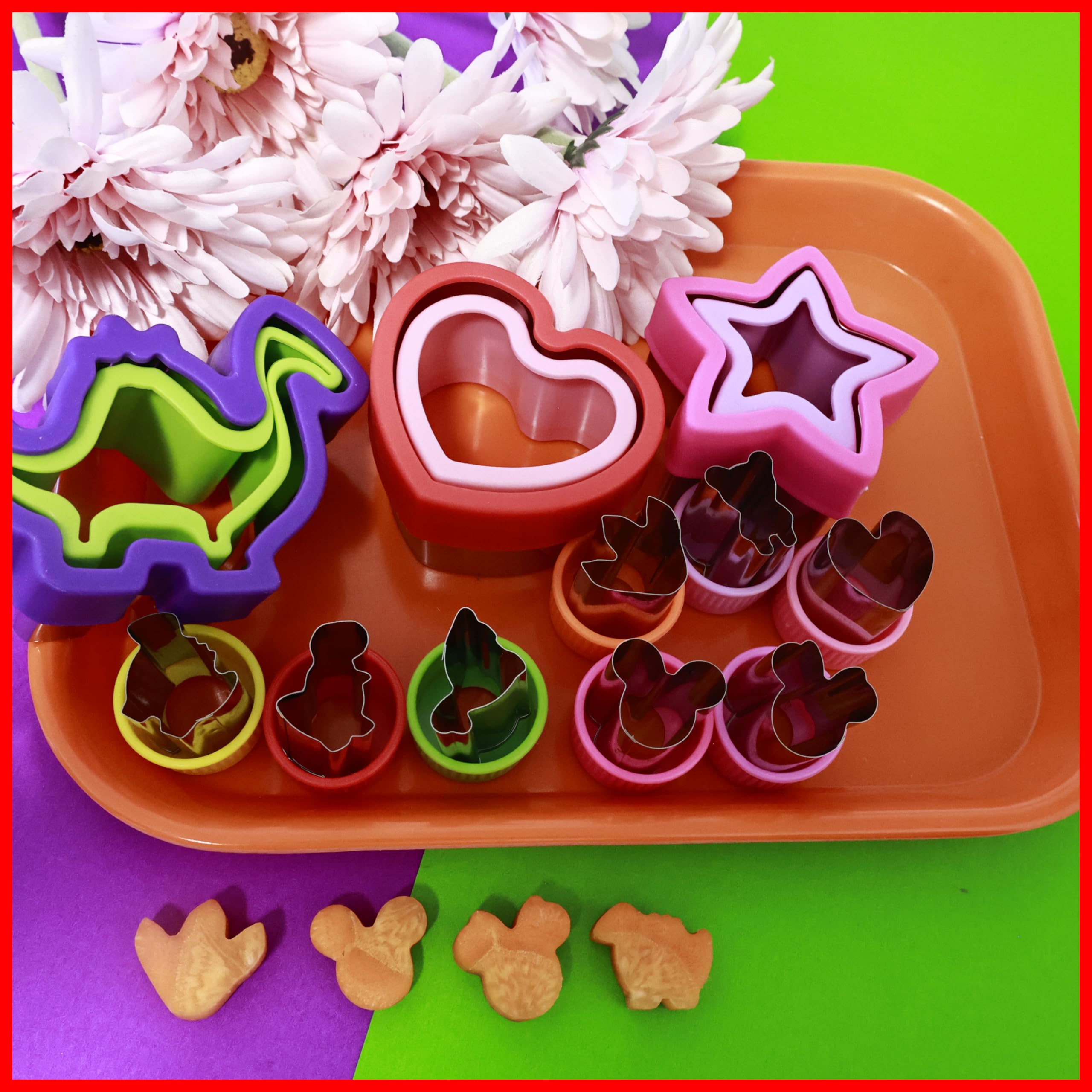 GELIFATLE Sandwich Cutter and Sealer Set, 3 Pcs 3 Inch Bread Sandwich Decruster Pancake Maker DIY Cookie Cutters for Kids Lunch Box -with 8 Pcs Fruit Vegetable Cutter Shapes Set
