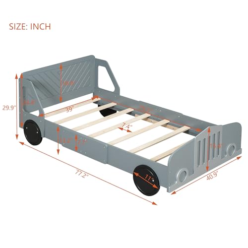 Designs Twin Size Car-Shaped Platform Bed with Wheels Wooden Platform Bed Frame with Support Slats for Kids Boys Girls Teens (Gray-@2)