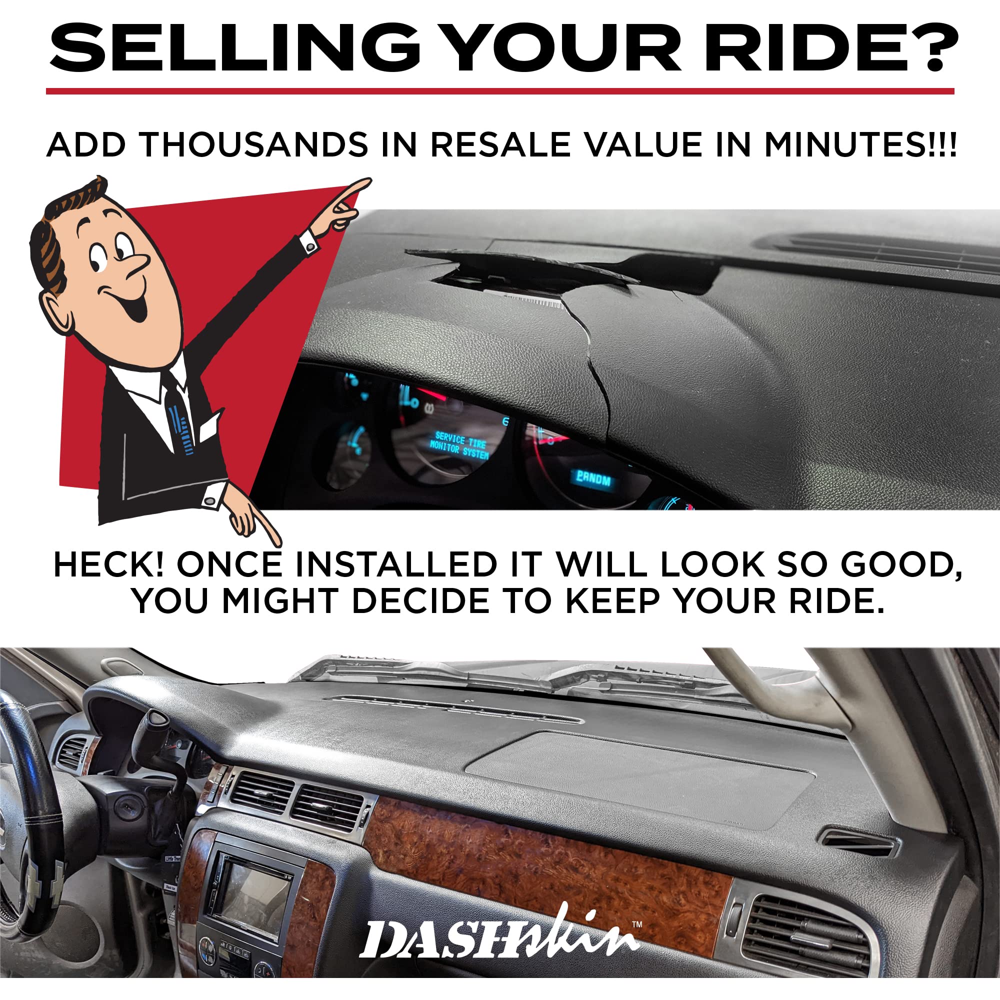 DashSkin USA American Made Dash Cover Cap Compatible with 07-14 Tahoe Suburban Yukon Avalanche - Easy Cracked Dash Fix - w/o Speaker Holes in Black (Fits Single Glovebox Silverado/Sierra ONLY)