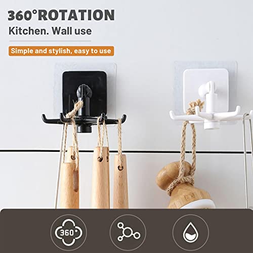 Kitchen Utensil Hanger,Under Cabinet Holder 6 Pieces 360 Degrees Rotating Folding Hook Self-Adhesive Waterproof Utility for Home Bathroom No Drilling (3 White+3 Black), 4.3×2.7×1.9 inch