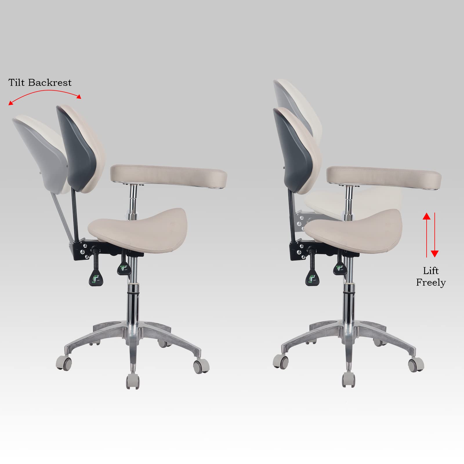 Hydraulic Swivel Dental Assistant Saddle Stool with Armrest, Height Adjustable Dentist Chair with Backrest for Dental Office Salon (GREY)