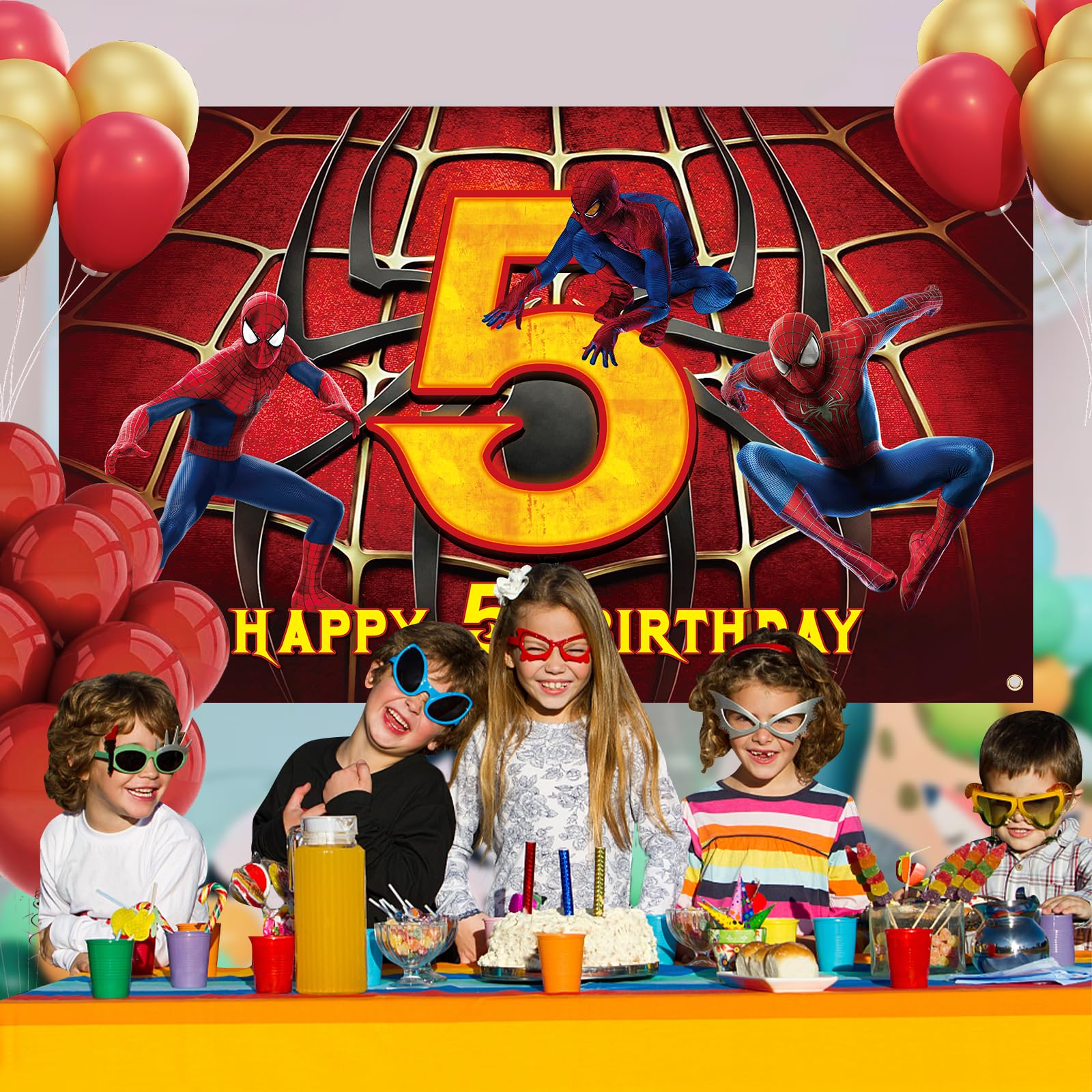 Dikovo Spider 5th Birthday Backdrop Decorations, Spider Theme Birthday Banner for Kids 5th Birthday Party Decoration Supplies