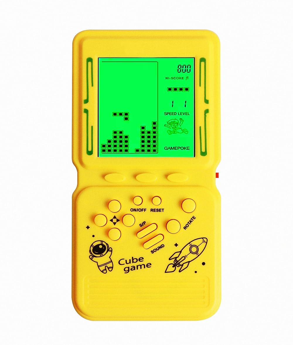 HLF Retro Brick Game Console Large Screen with Green Backlight Built-in 23 Multi-Mode Block Games Classic Nostalgia Speed and Difficulty Adjustable Powered by 2 AA Batteries (Yellow)