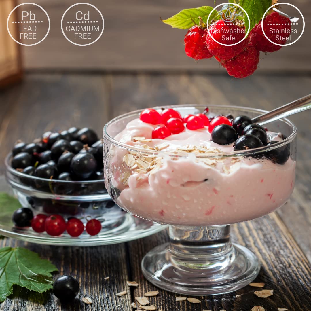 Glasia Set of 6 Glass Ice Cream Bowls and 6 Stainless Steel Spoons | Small Dessert Cups for Parfait Sundae Snacks Fruit | Mini Footed Trifle Tasters with Spoon