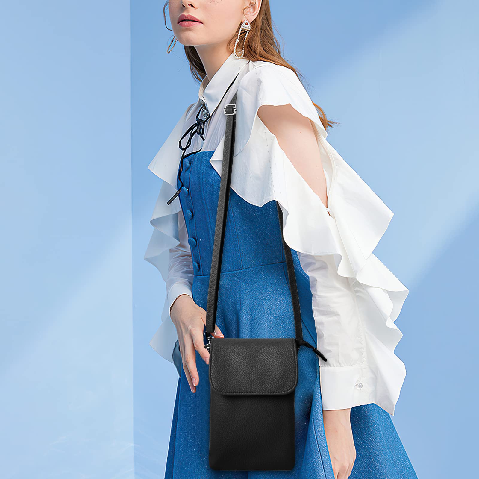 WITERY Leather Crossbody Cell Phone Purse for Women- Black Lightweight Small Cross Body Cell Phone Wallet Pouch Shoulder Bag with Shoulder Strap