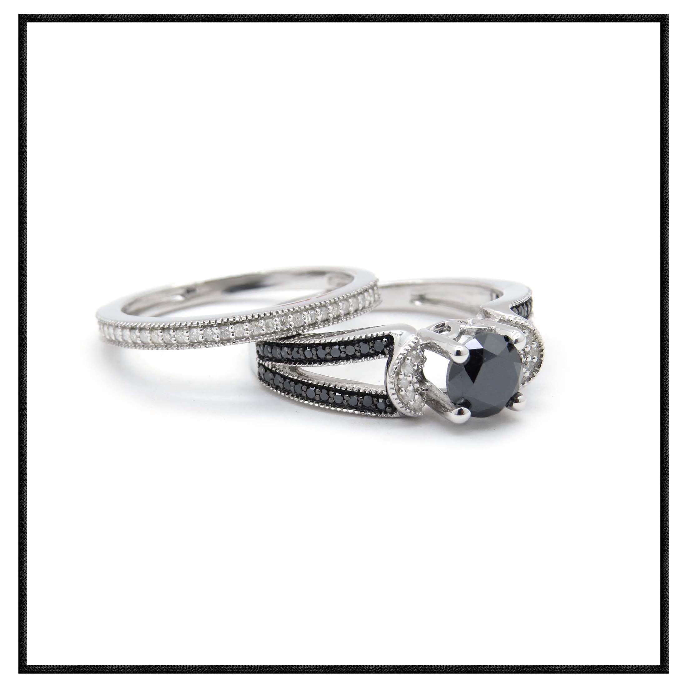 Dazzlingrock Collection 6mm Round Black Diamond & White Diamond Solitaire Style Collar Split Shank Wedding Ring Set for Her in 925 Sterling Silver Size 6.5