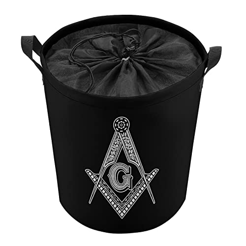 Freemasonry Sign Laundry Basket Round Collapsible Storage Bin with Drawstring and Handle for Bedroom Bathroom Toys Room 17.3" X 13.8"