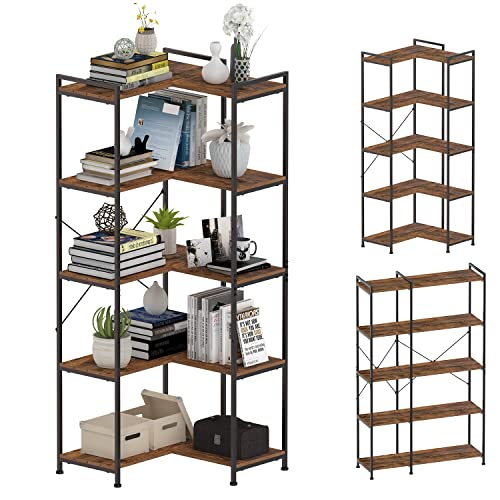 Tohomeor Bookshelf 5 Tier Deformable Corner Bookcase Free Standing Modern Industrial Book Storage Display Book Shelf for Bedroom Living Room Study Room Office (Brown)