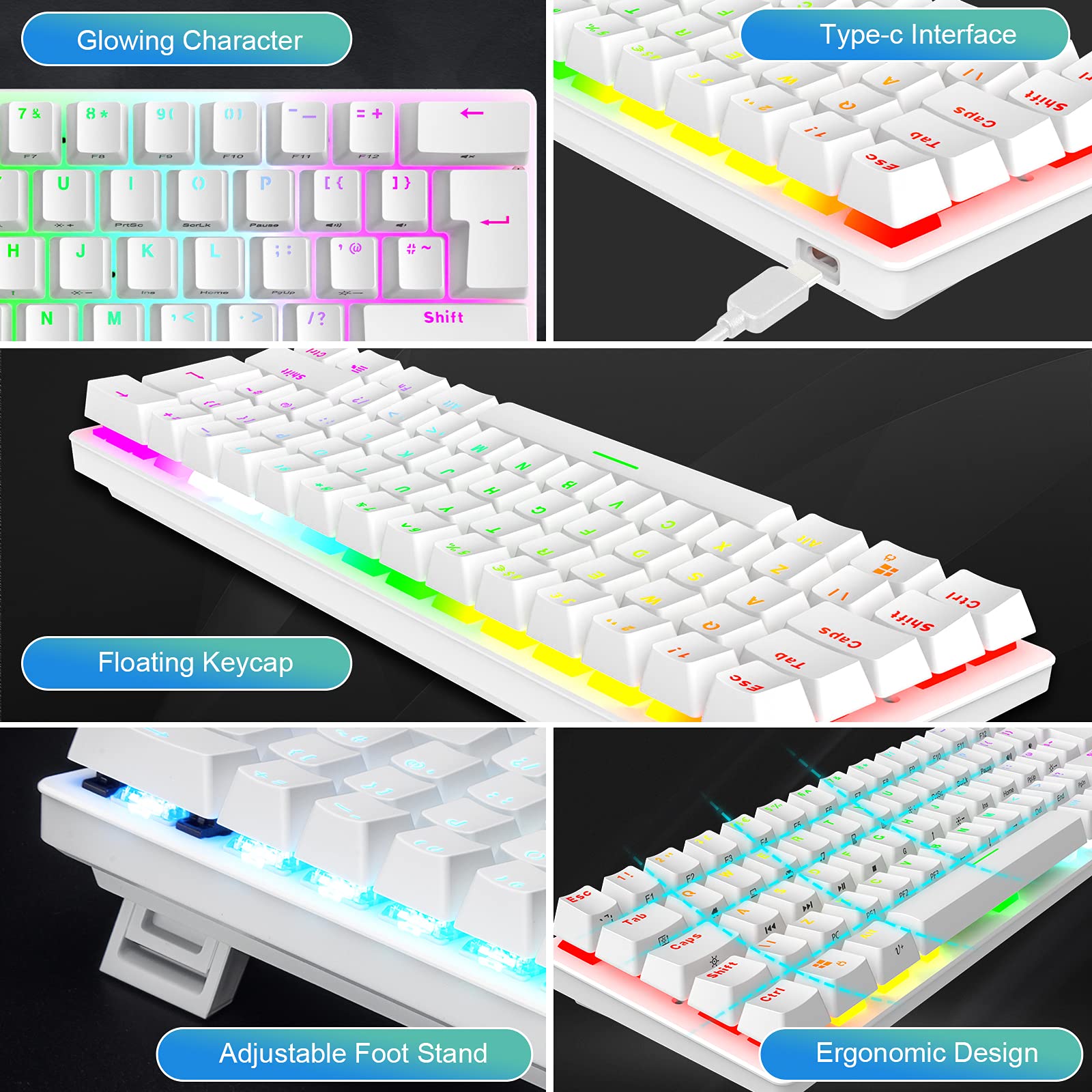 Compact 60% Mechanical Gaming Keyboard with Ergonomic Anti-ghosting Mini 61 Key Layout Rainbow RGB Backlight Waterproof Metal Plate Type-C USB Wired for PC Mac Gamer Office Typist (White/Red Switch)