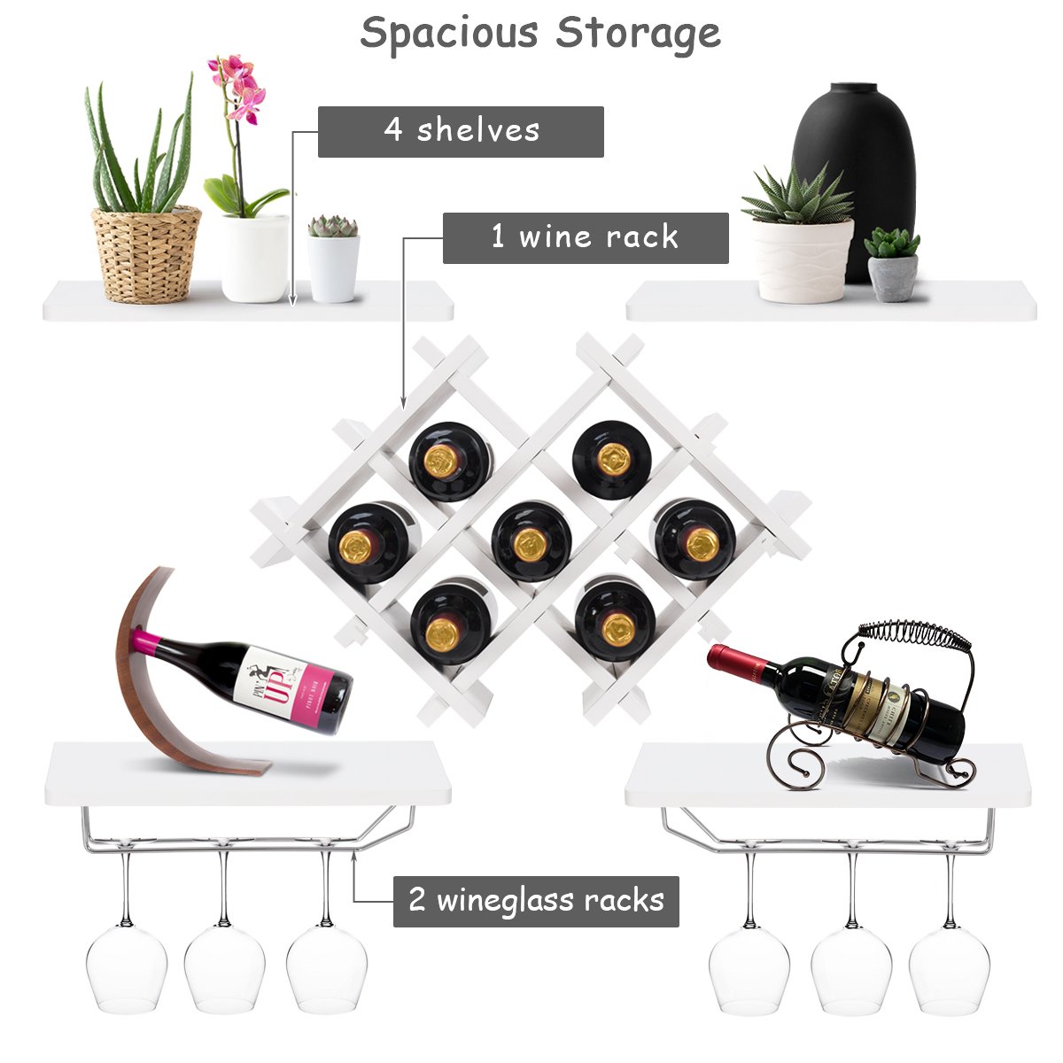 Giantex Wine Rack Wall Mounted Set of 5, Wood Wall Wine Shelf Racks with Glass Holder and Stemware Hanger, Hanging Wine Rack, Wine Storage Display Shelf for Home Bar Kitchen, White