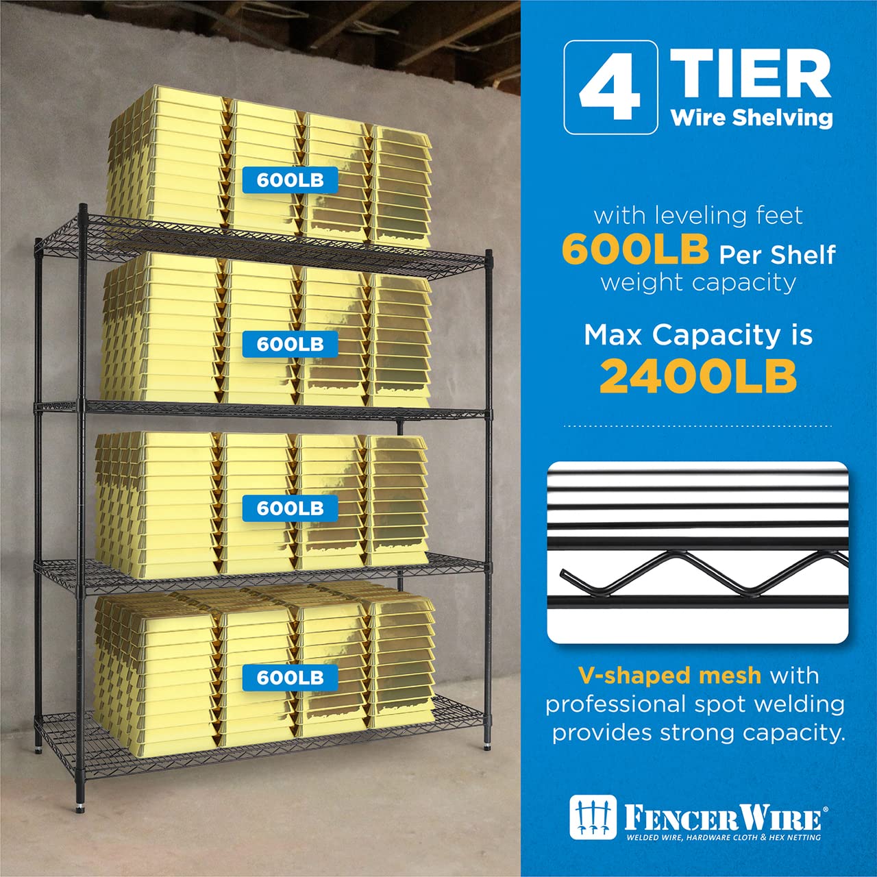Fencer Wire 4-Tier Commercial Grade Heavy Duty Adjustable Height Wire Shelving w/Casters & Leveling Feet, Garage Shelving Storage Organizer, Storage Metal Steel Shelf, Utility Storage Shelf, Black.