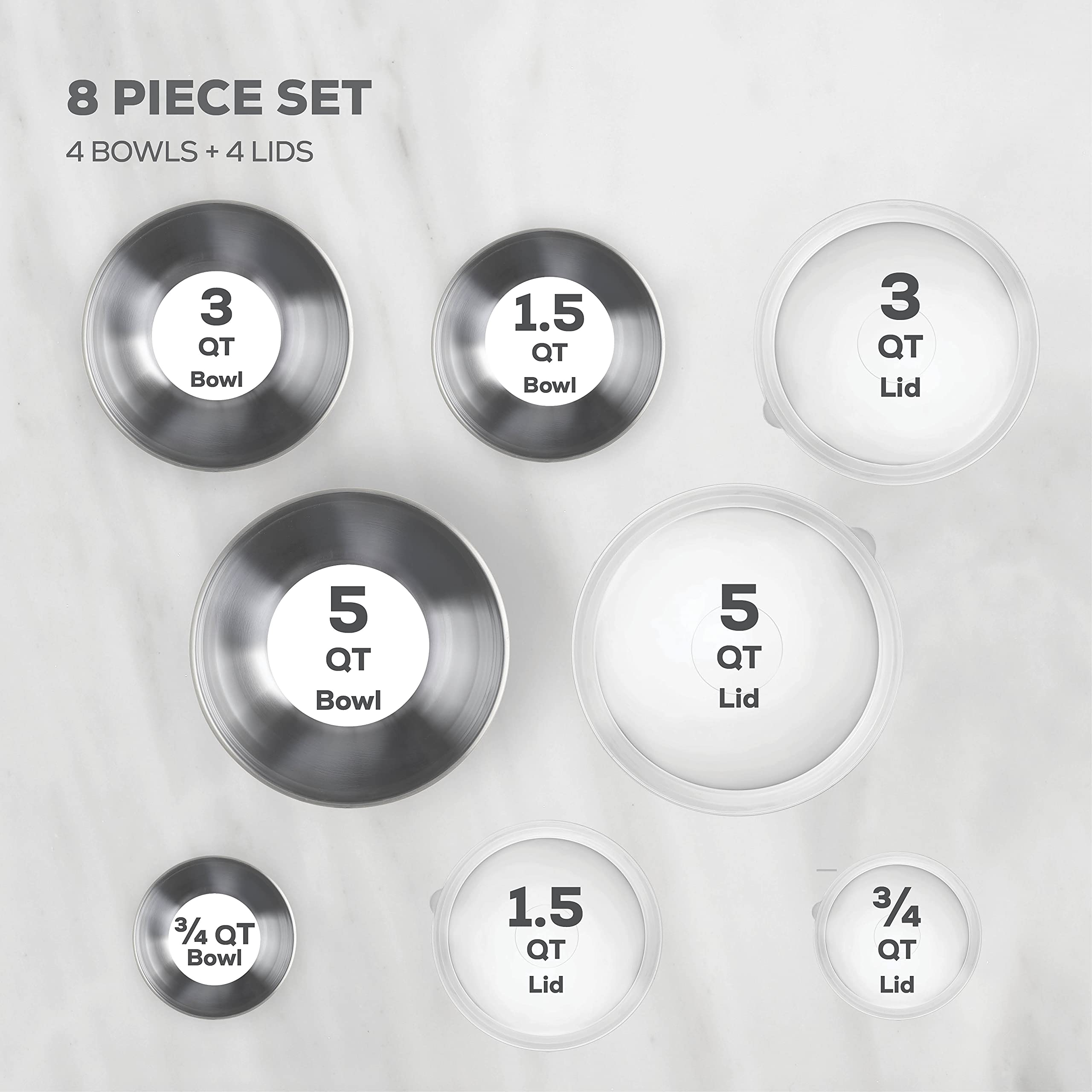 FineDine Stainless Steel Mixing Bowls with Lids Set, Stackable Nesting Dishware Bowls for Kitchen Space Storage Saving, Non-Slip Bottoms for Stability, 5 Quarts Salad Bowls