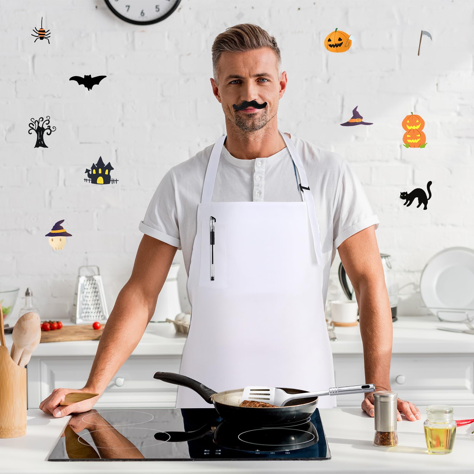 Mepase 6 Pcs Black Mustache Set Kitchen Cooking Slotted Spatula Black Ink Pens Bib Aprons with Pocket for Halloween Cosplay Costume