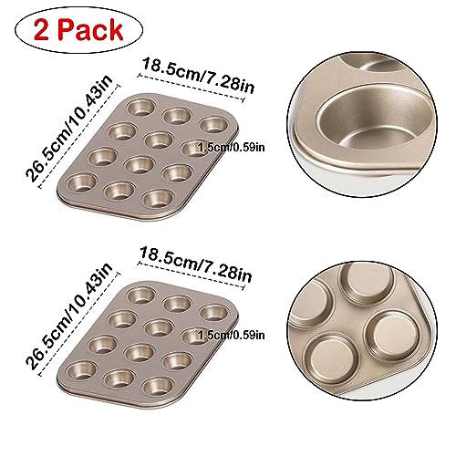 HPALIPRT Brownie Cake Pan with Dividers - 2 Pack 12-Cavity Mini Non Stick All Edges Rounded Cupcake Pans Baking Carbon Steel Bread Mold Small Edge 3x4 Individual Cutter Sheet Tray for Cookie Oven